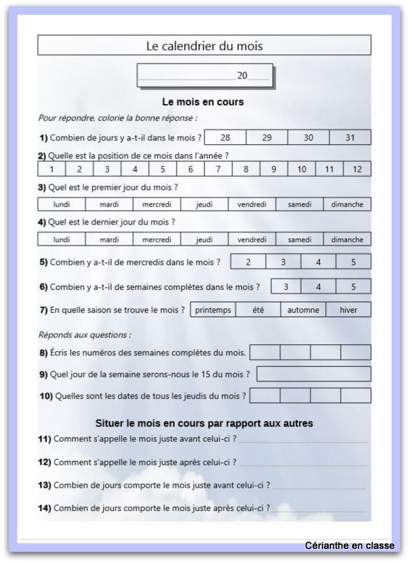 TRAVAIL AUTOUR DU CALENDRIER AU CE1 – Cérianthe en classe