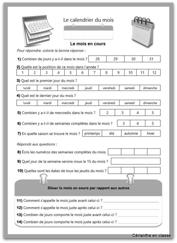 TRAVAIL AUTOUR DU CALENDRIER AU CE1 – Cérianthe en classe