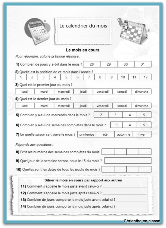 TRAVAIL AUTOUR DU CALENDRIER AU CE1 – Cérianthe en classe