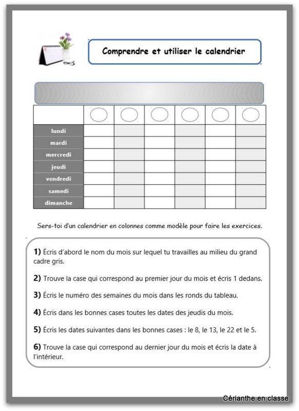 TRAVAIL AUTOUR DU CALENDRIER AU CE1 – Cérianthe en classe